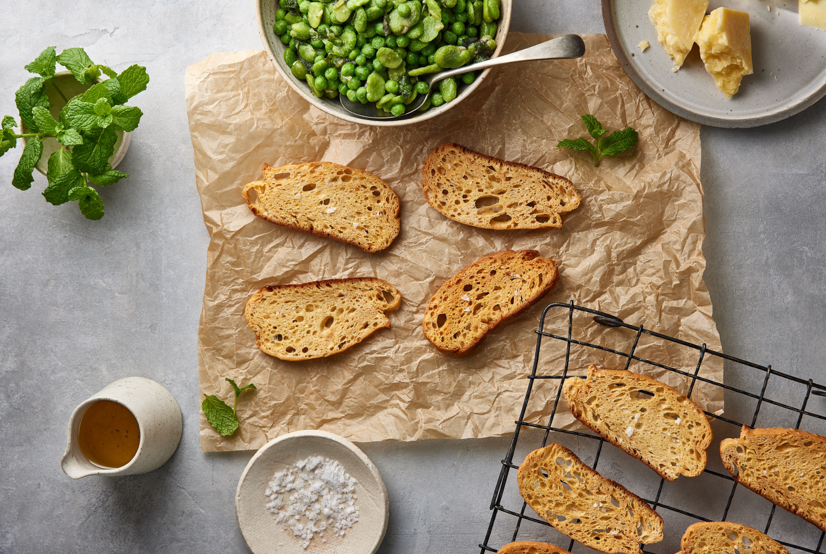 Smashed Broad Beans & Peas on Crostini Recipe | Volare Bread